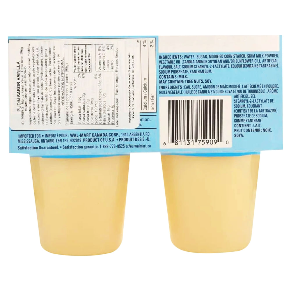 Comprar Pudding de vainilla Great Value sin grasas trans 4 pack - 396 g ...