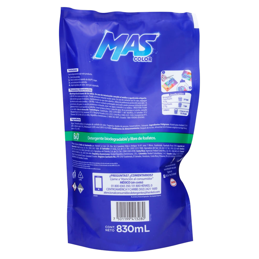 Comprar Detergente Líquido MAS Color -830ml | Walmart Costa Rica ...