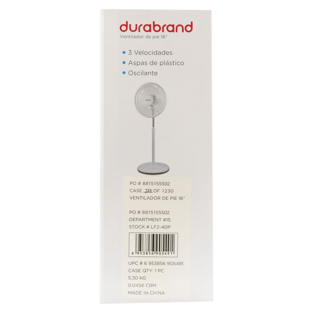 Ventilador Durabrand de pie 3 velocidades diámetro 16 pulgadas ...