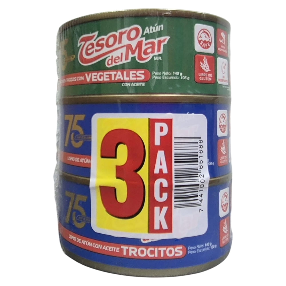 Atún Tesoro del Mar trocitos en aceite y trozos aceite con vegetales 3 ...
