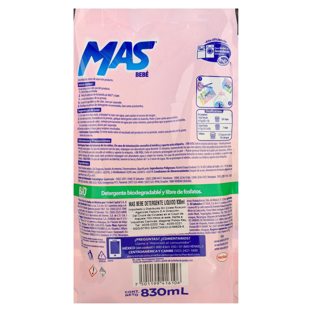 Comprar Detergente líquido Mas bebé - 830 ml | Walmart Costa Rica ...